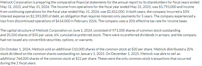 Solved Metlock Corporation is preparing the comparative | Chegg.com