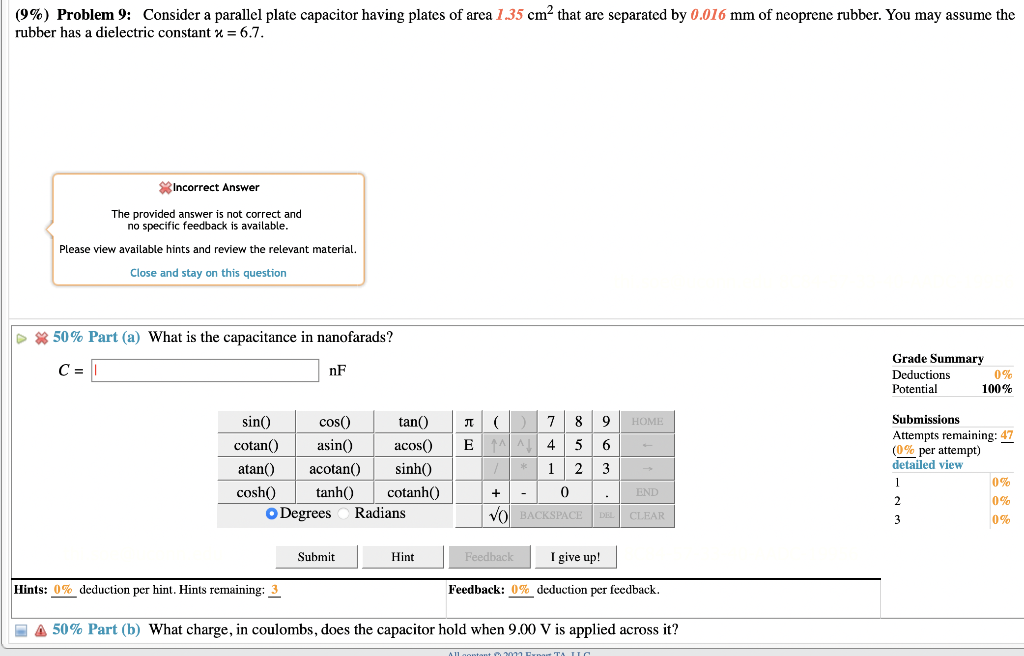 Solved (9\%) Problem 9: Consider a parallel plate capacitor | Chegg.com