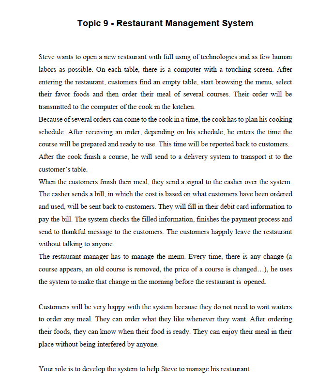 Solved Topic 9 - Restaurant Management System Steve wants to | Chegg.com