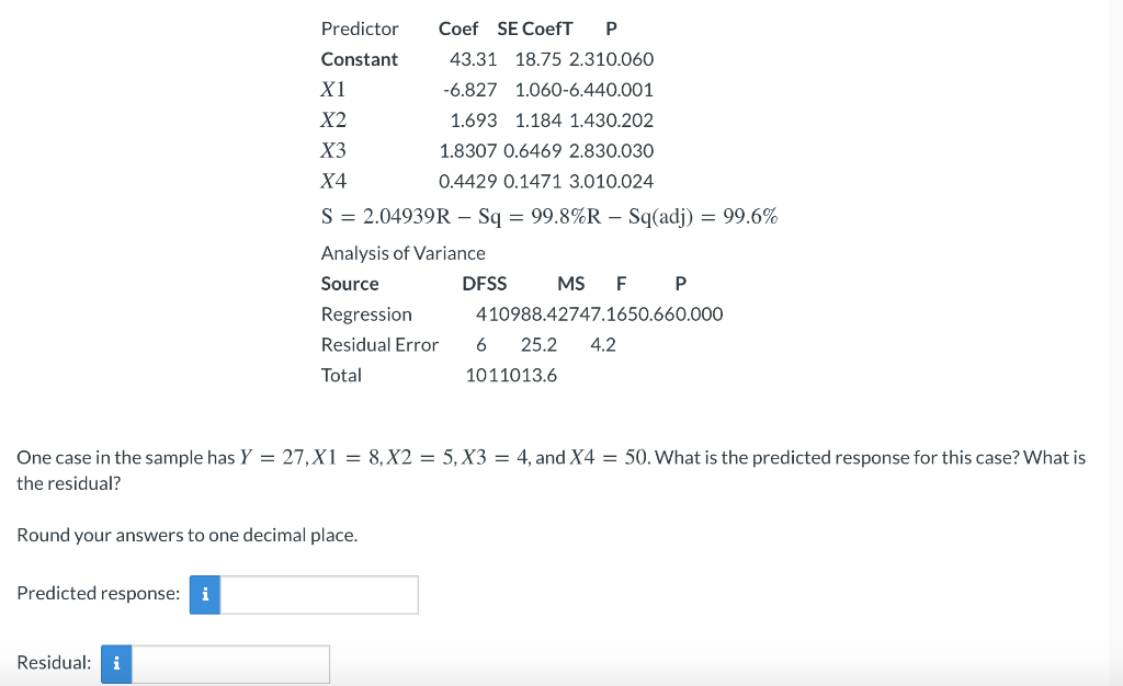 Solved Predictor Coef SE Coeft P Constant 43.31 18.75 | Chegg.com