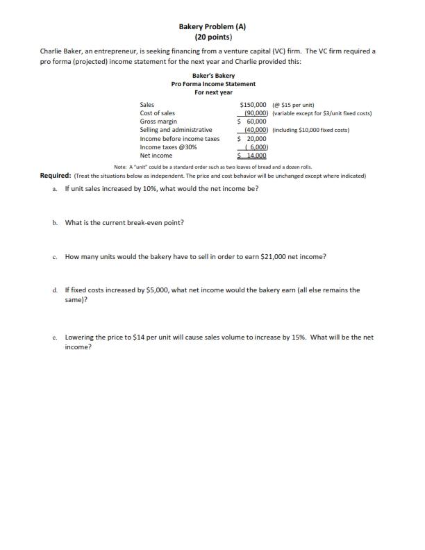 Solved Bakery Problem (A) (20 points) Charlie Baker, an | Chegg.com