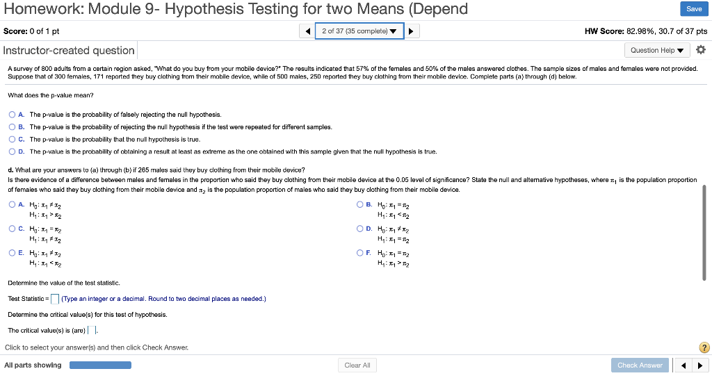 Solved Homework Module 9 Hypothesis Testing For Two Means