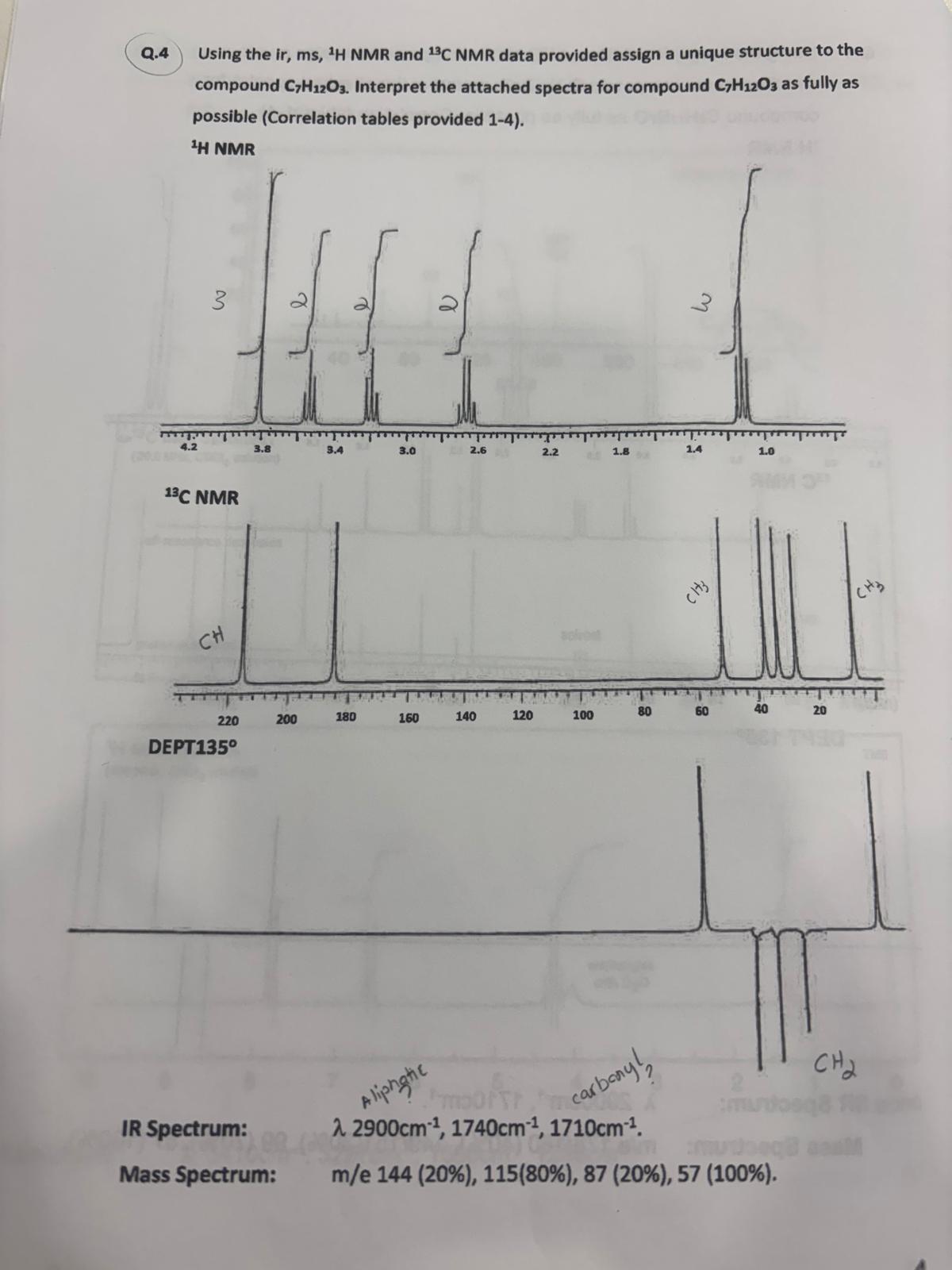 Solved Q. 4 ﻿Using the ir, ms, ?(()1)H NMR ﻿and ?(()13)C NMR | Chegg.com