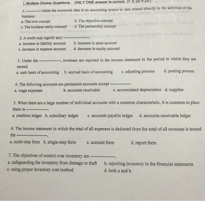 Solved I. Multiple Choice Questions. ONLY ONE answer is | Chegg.com
