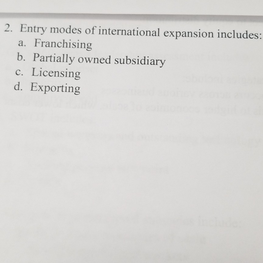 Solved 2. Entry modes of international expansion includes: | Chegg.com