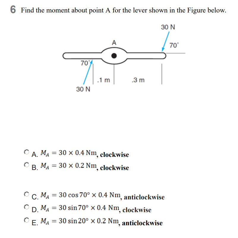 Solved 6 Find the moment about point A for the lever shown | Chegg.com