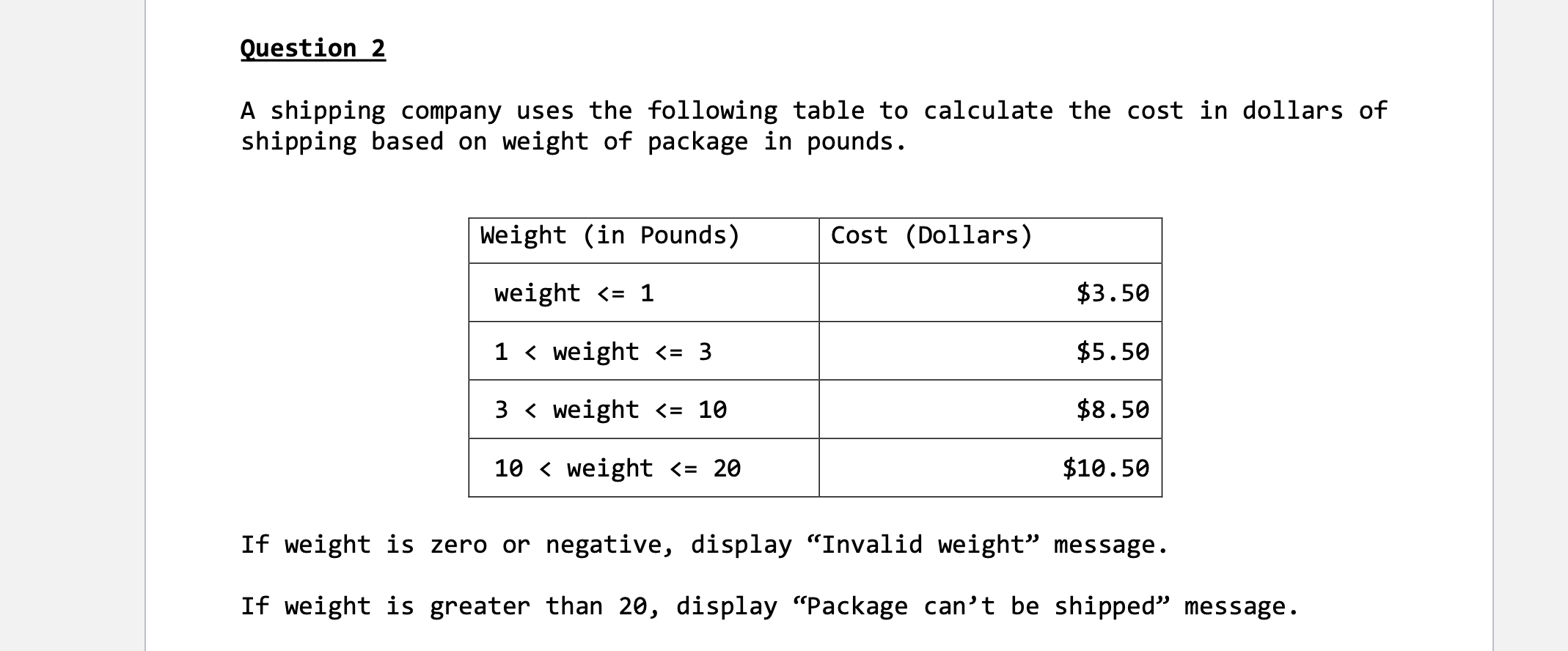 Solved Question 2 A shipping company uses the following | Chegg.com
