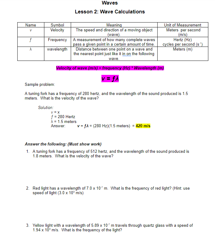 Solved Waves Lesson 2: Wave Calculations Name Symbol | Chegg.com