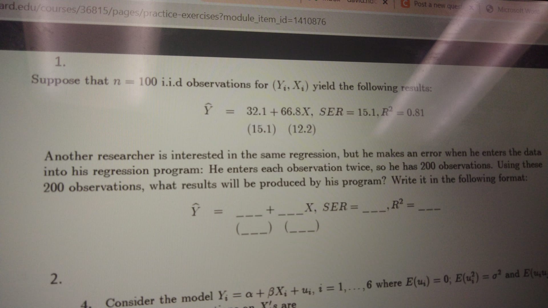 Solved Suppose that n=100 i.i.d observations for (Yi,Xi) | Chegg.com