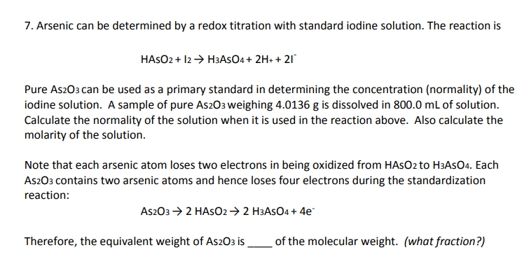 Solved 7. Arsenic can be determined by a redox titration | Chegg.com