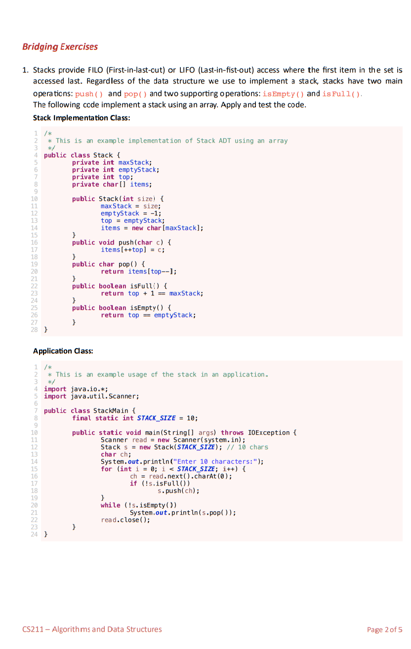 Solved Bridging Exercises 1. Stacks provide FILO | Chegg.com