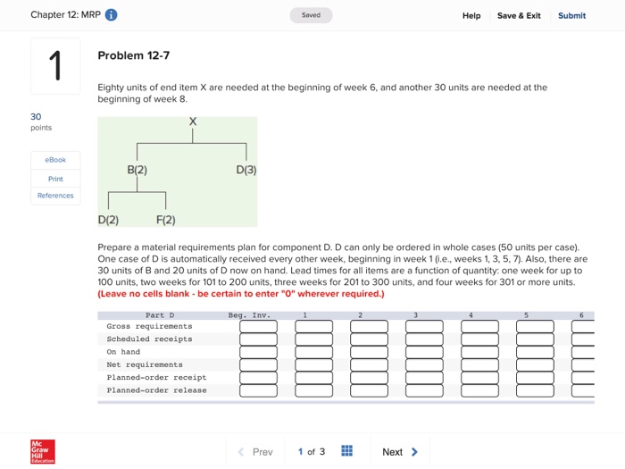 Solved Chapter 12: MRP Saved Help Save & Exit Submit 1 | Chegg.com