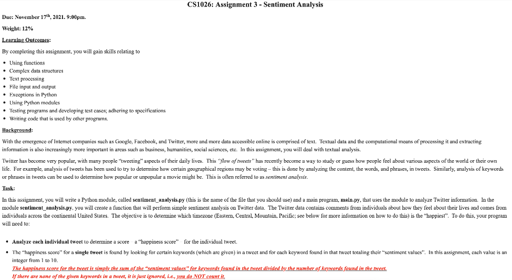 Solved CS1026: Assignment 3 - Sentiment Analysis Due: | Chegg.com