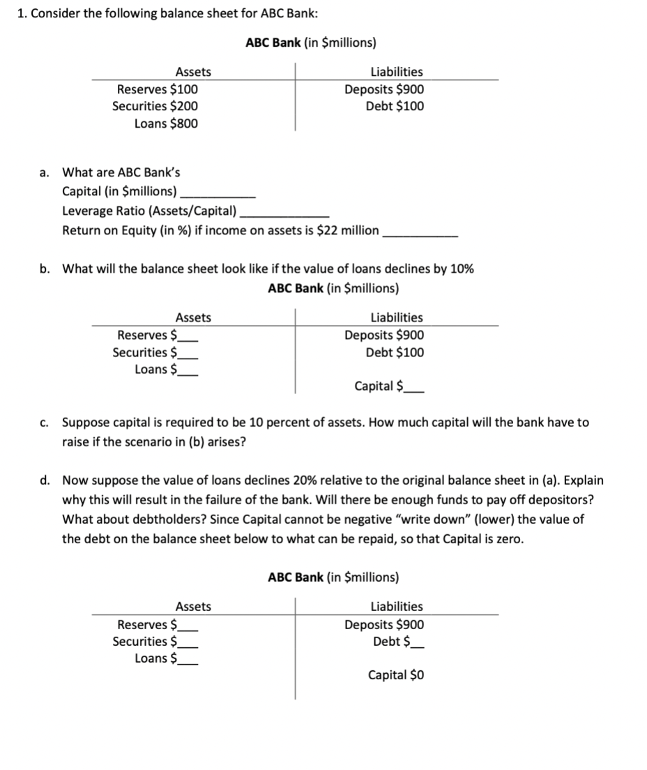 Solved 1. Consider the following balance sheet for ABC Bank: | Chegg.com