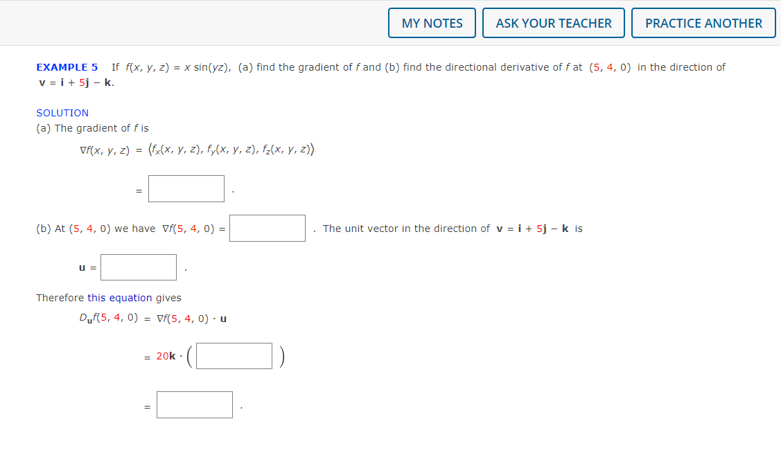 Solved EXAMPLE 5 If f(x,y,z)=xsin(yz), (a) find the gradient | Chegg.com