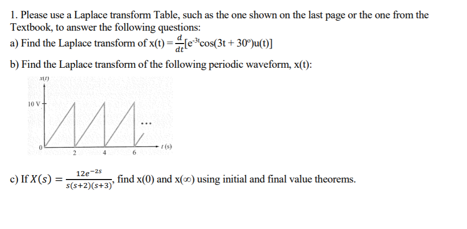 Solved 1. Please use a Laplace transform Table, such as the | Chegg.com