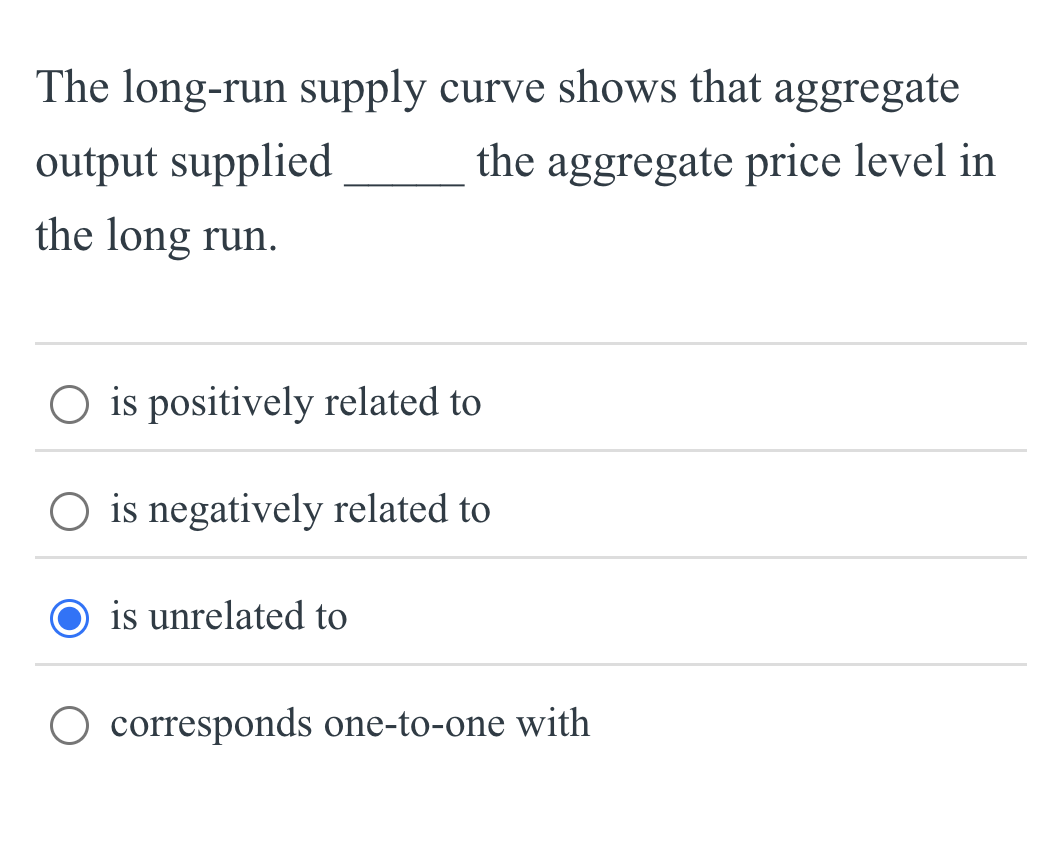 Solved The long-run supply curve shows that aggregate output | Chegg.com