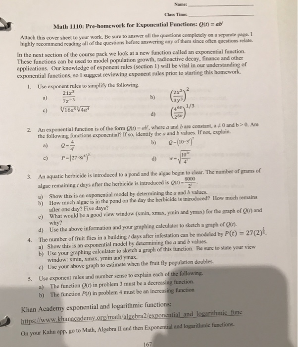 Solved Name Class Time Math 1110 Pre Homework For