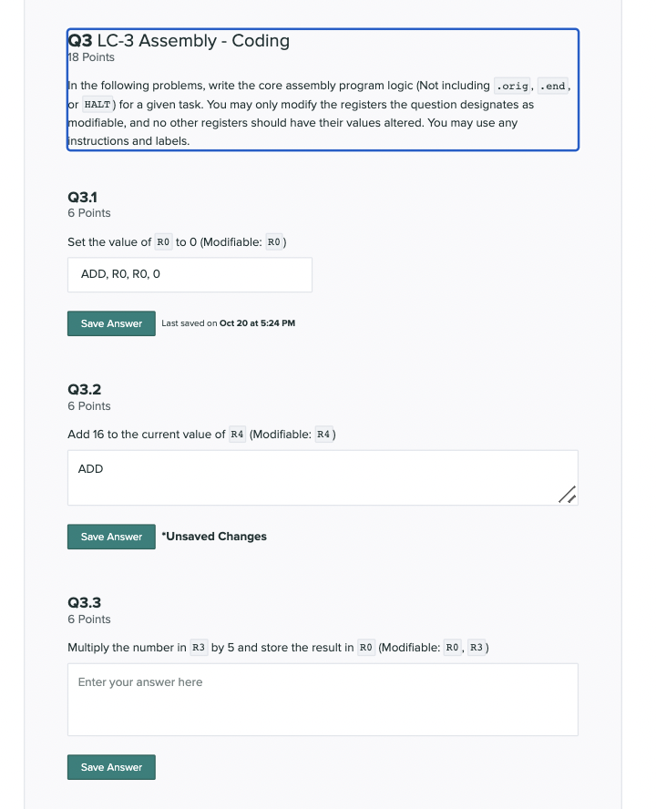 Solved Q3 LC-3 Assembly - Coding 18 Points In the following | Chegg.com