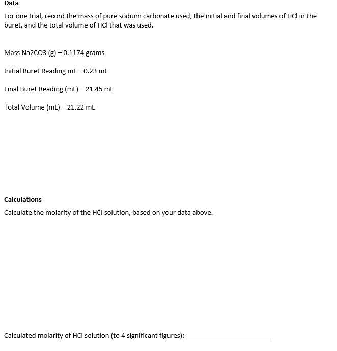 Solved Given the data above, calculate the molarity of the | Chegg.com