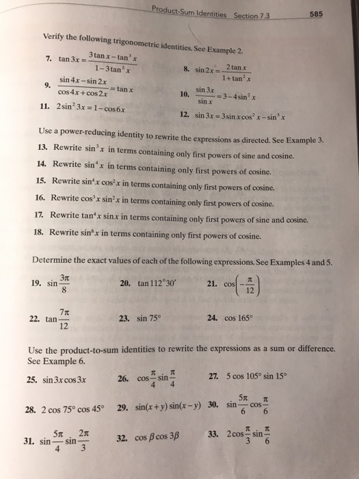 Solved Product-Sum Identities Section 7.3 585 Verify the | Chegg.com