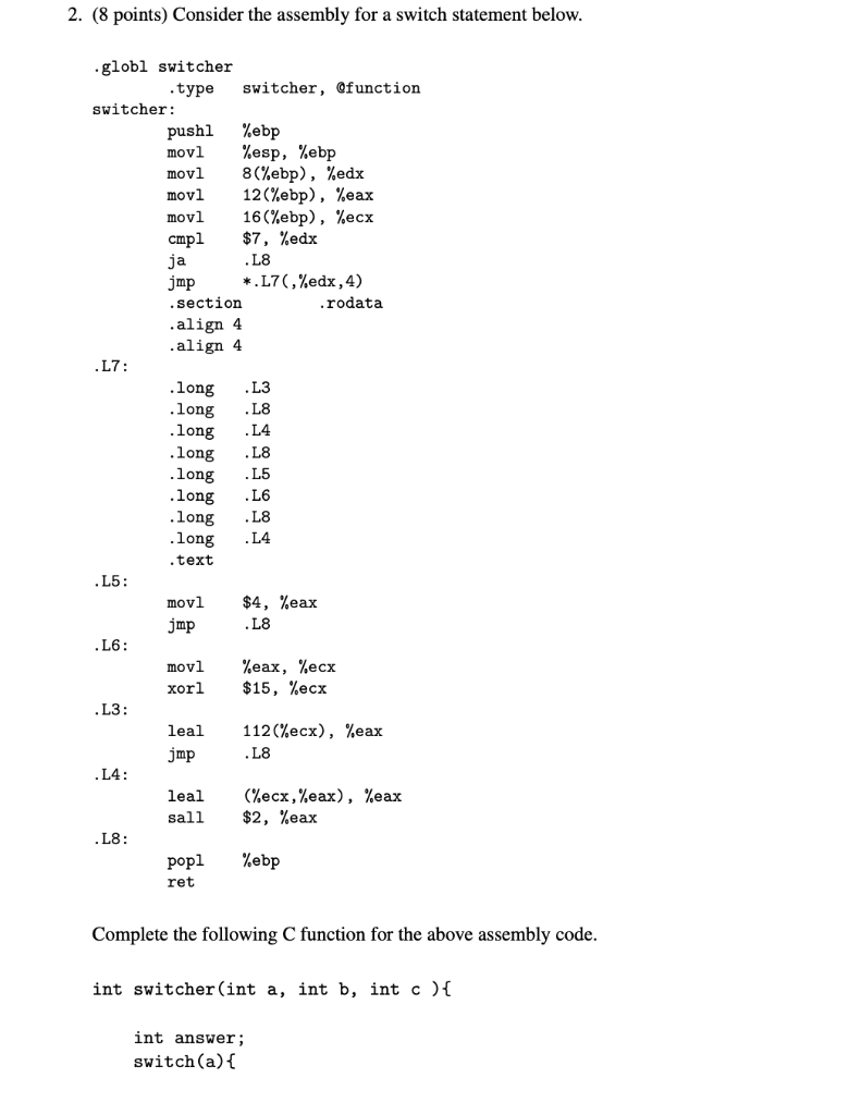 Solved 2. (8 points) Consider the assembly for a switch | Chegg.com