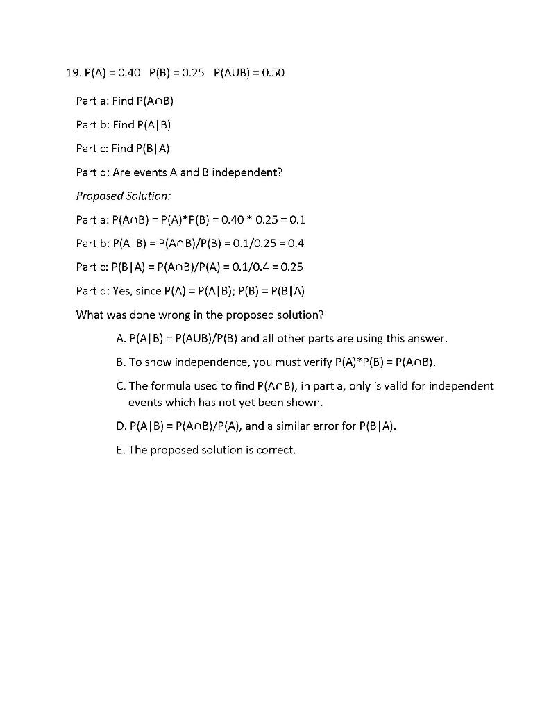 Solved 9. P(A)=0.40P(B)=0.25P(A∪B)=0.50 Part a: Find P(A∩B) | Chegg.com Solved 9. P(A)=0.40P(B)=0.25P(A∪B)=0.50 Part a: Find P(A∩B) | Chegg.com