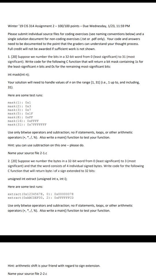 Solved Winter 19 Cis 314 Assignment 2 100 100 Points Due