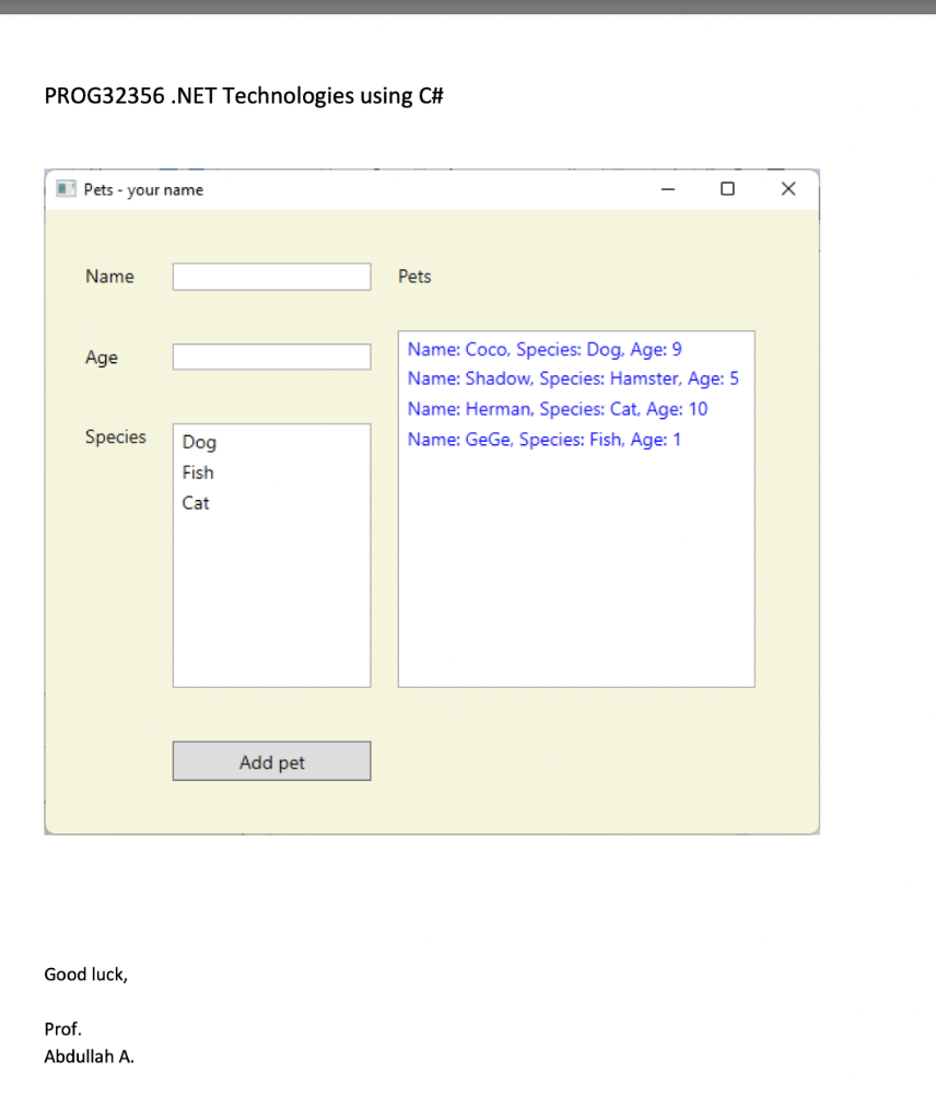 PROG32356 .NET Technologies using C\# Student Name | Chegg.com