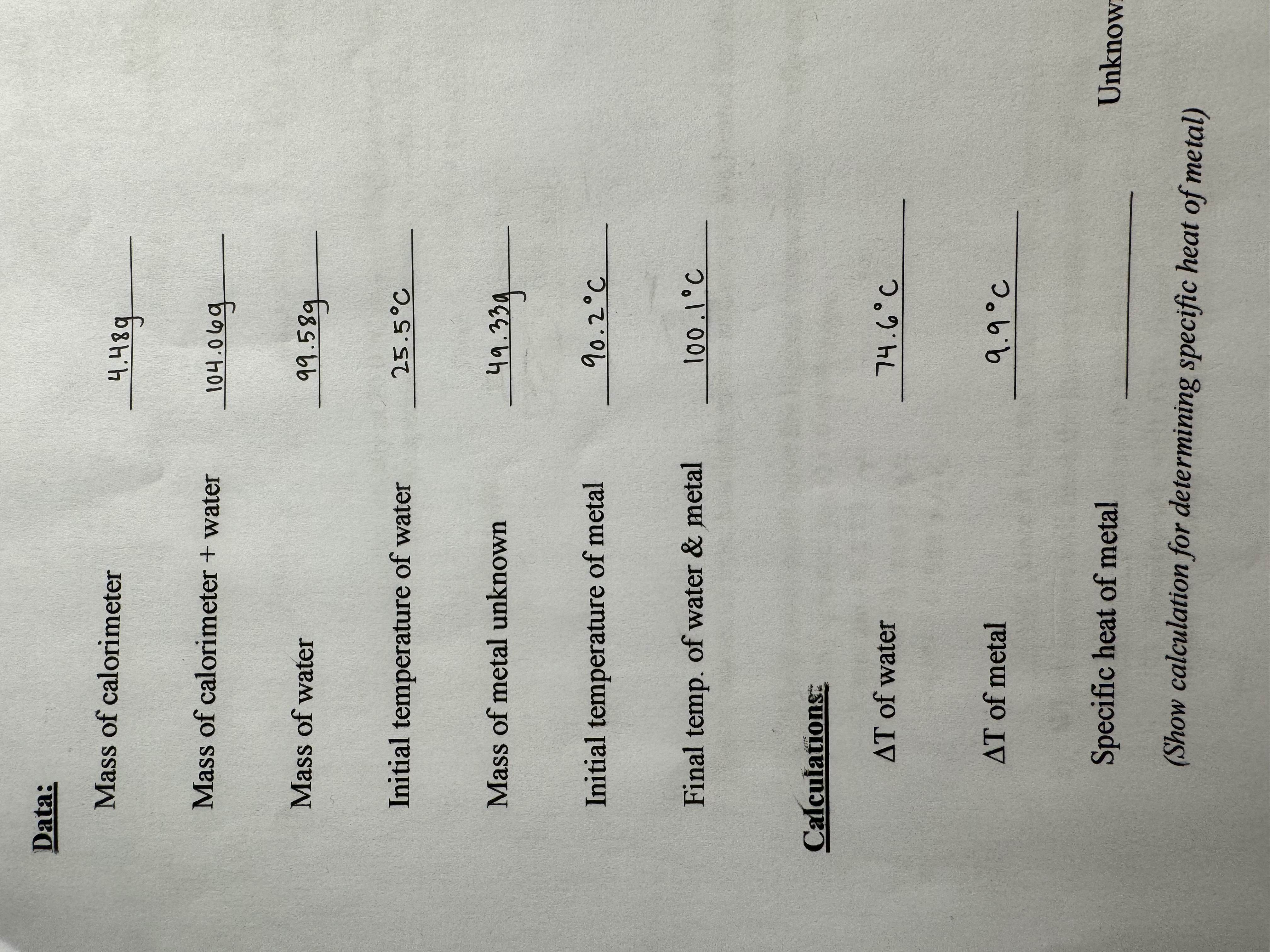 Solved Find the specific heat of the unknown metal based on | Chegg.com