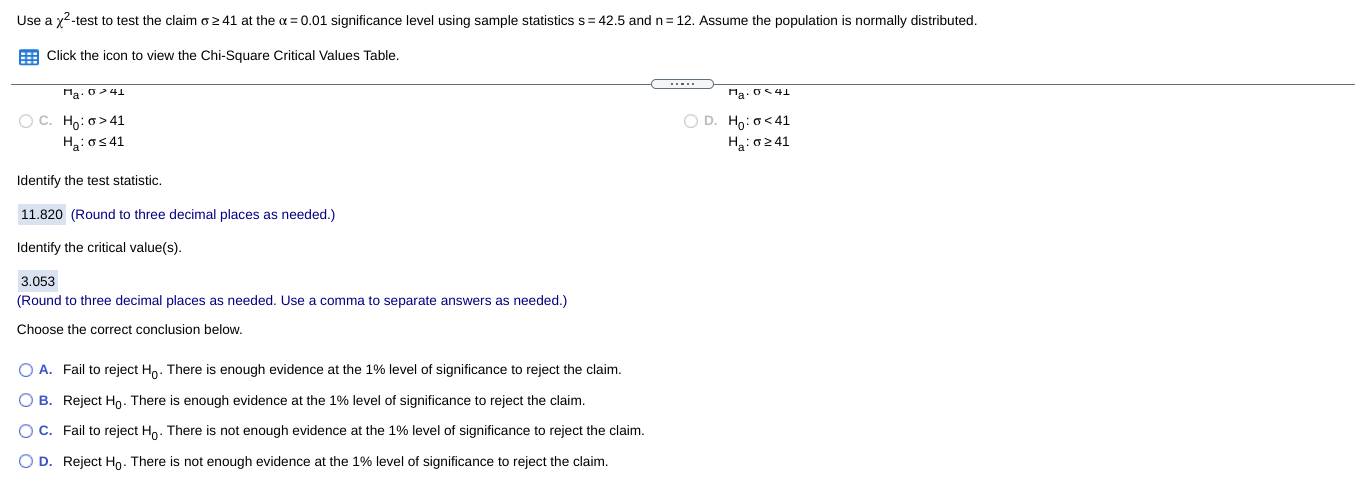 Solved Use a x2-test to test the claim o 241 at the a = 0.01 | Chegg.com