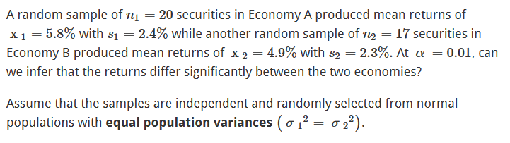 Solved A random sample of n1=20 securities in Economy A | Chegg.com