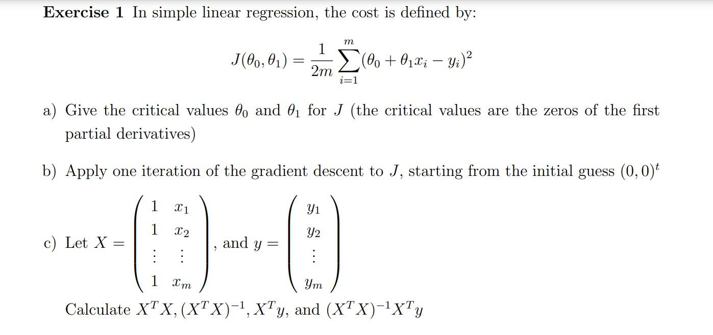 Solved Exercise 1 In simple linear regression, the cost is | Chegg.com