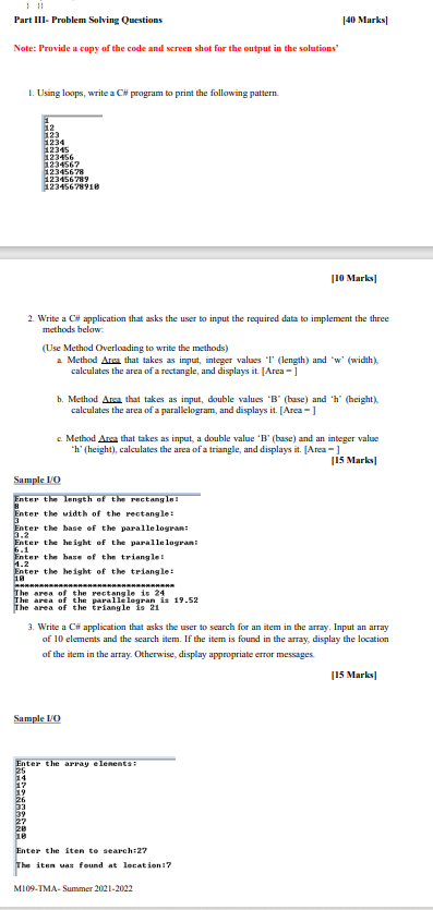 Solved Part III- Problem Solving Questions [40 Marks] Note: | Chegg.com