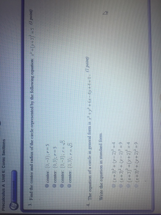 Solved Precalculus A Unit 6: Conic Sections 3. Find the | Chegg.com