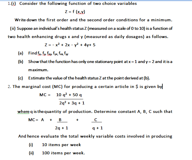 Solved 1.(0) Consider the following function of two choice | Chegg.com