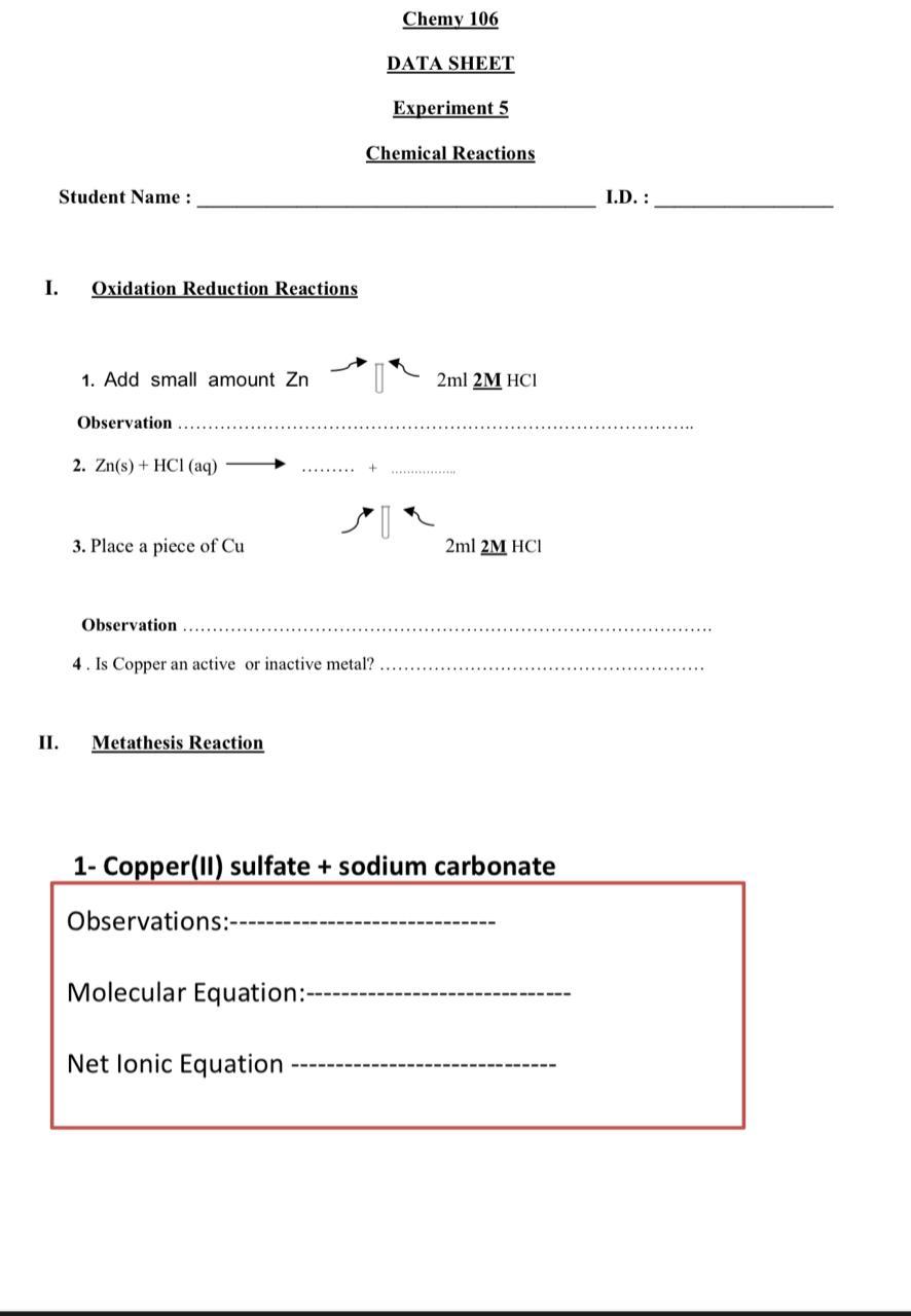 Solved Chemy 106 DATA SHEET Experiment 5 Chemical Reactions | Chegg.com