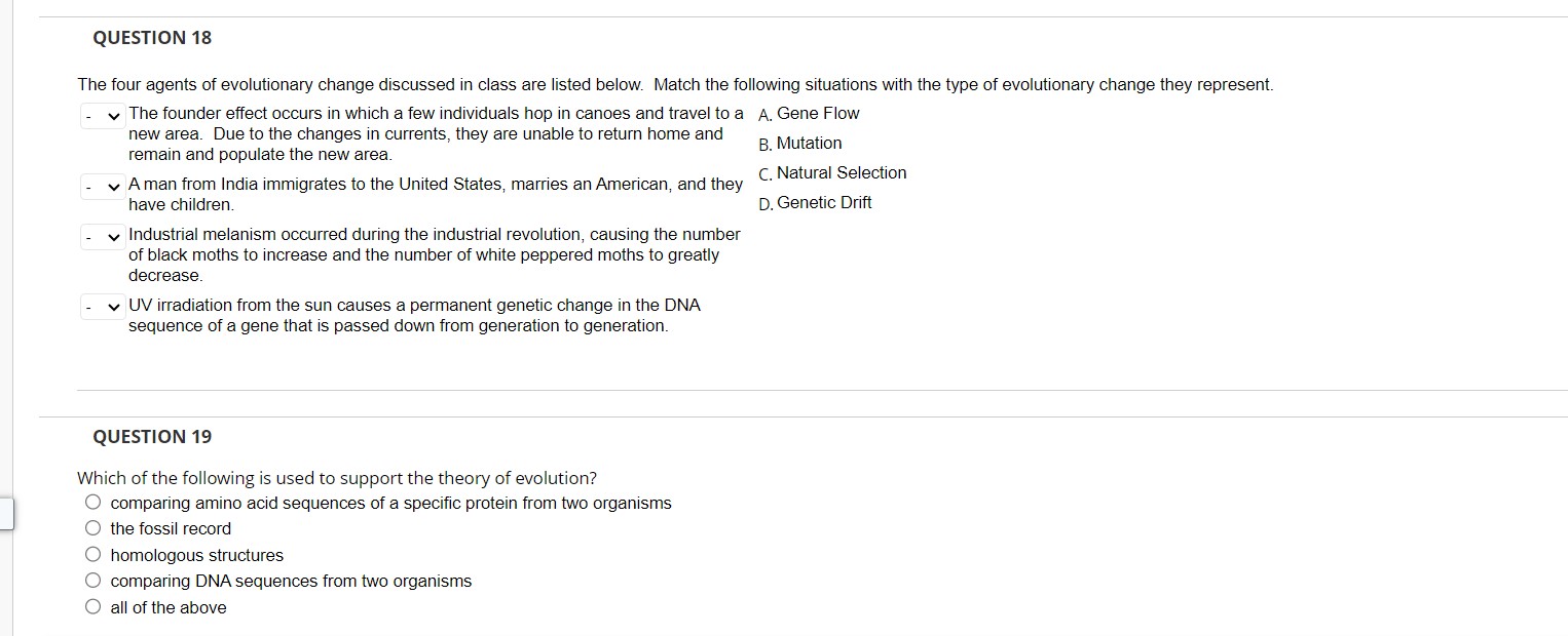 Solved QUESTION 18The four agents of evolutionary change | Chegg.com