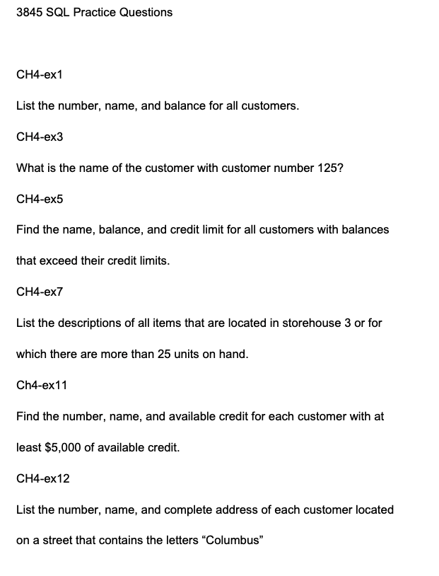 Solved 3845 SQL Practice Questions CH4-ex1 List the number, | Chegg.com