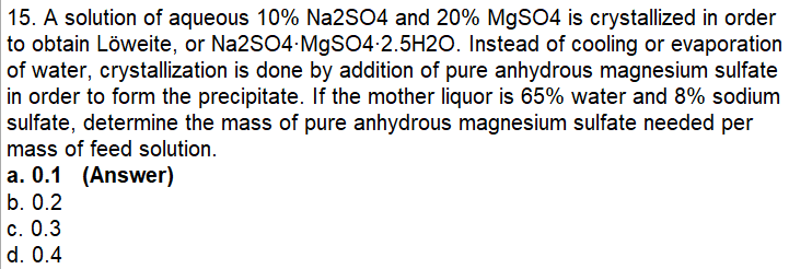 Solved 15. A solution of aqueous 10%Na2SO4 and 20%MgSO4 is | Chegg.com