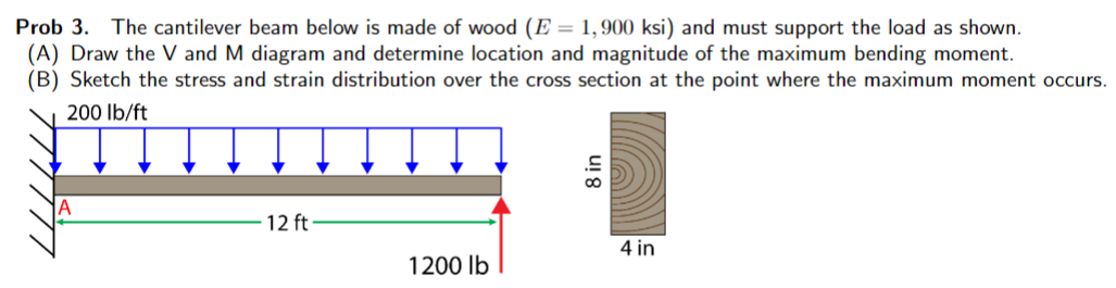 Solved Prob 3. The cantilever beam below is made of wood | Chegg.com