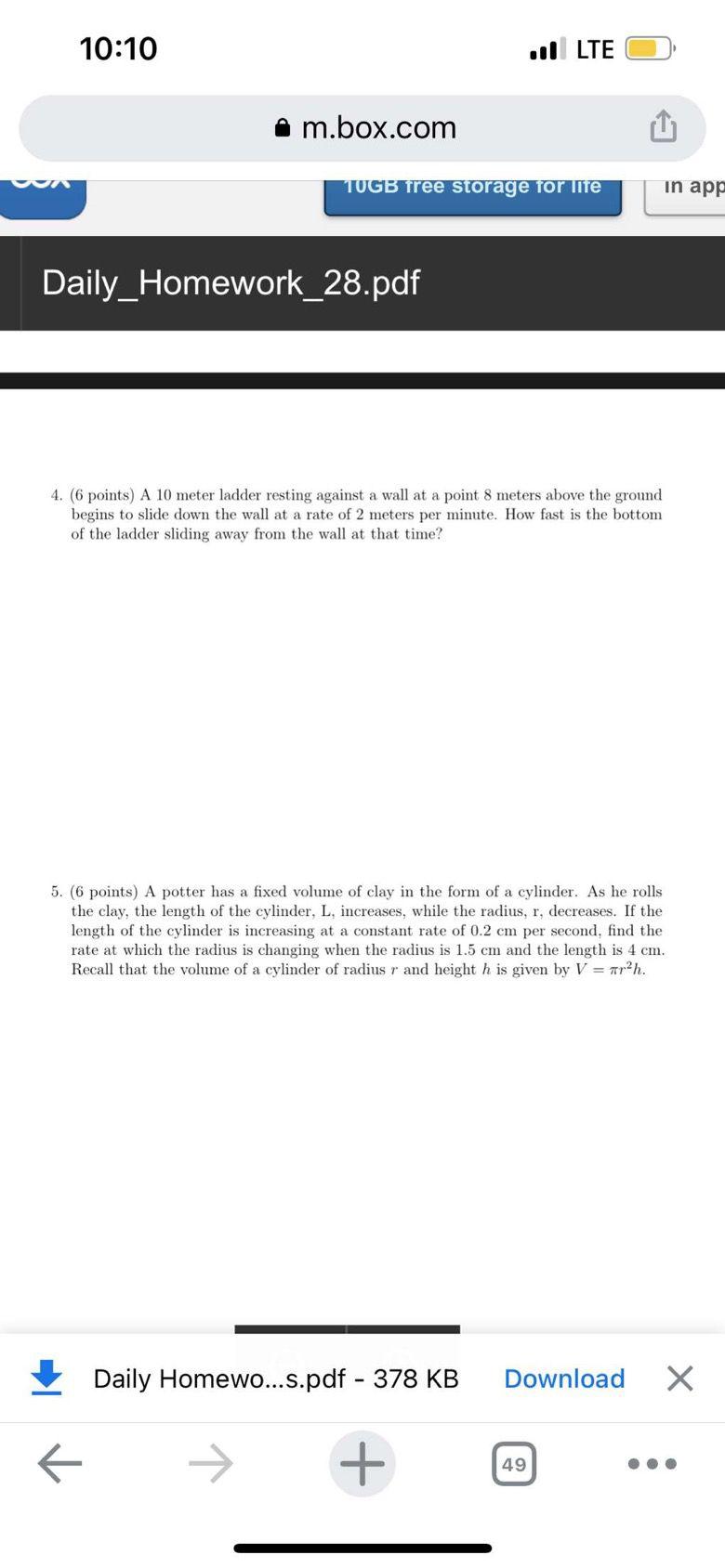 Solved 4. (6 points) A 10 meter ladder resting against a | Chegg.com