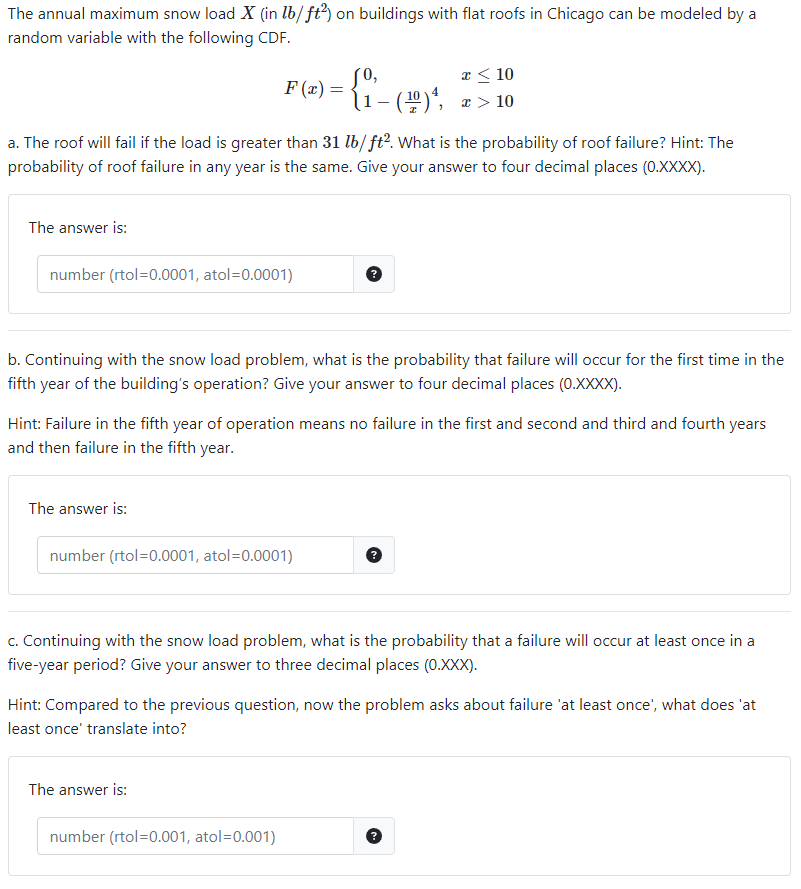 Solved The annual maximum snow load X (in lb/ft2 ) on | Chegg.com