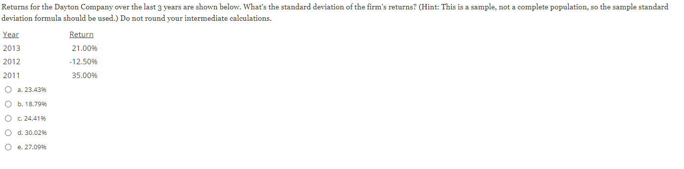 Solved Returns for the Dayton Company over the last 3 years | Chegg.com