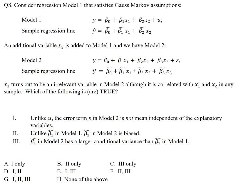 Solved Q8. Consider regression Model 1 that satisfies Gauss | Chegg.com