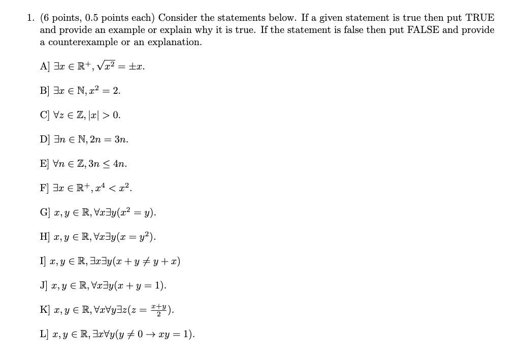 Solved 1. (6 points, 0.5 points each) Consider the | Chegg.com