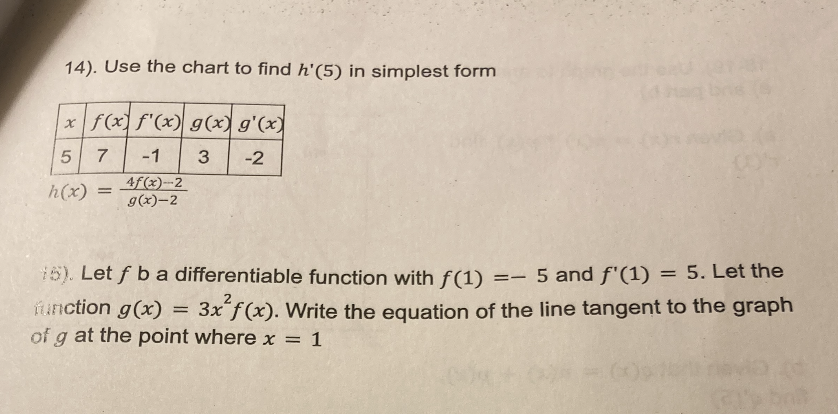 Solved 13). Use the chart to find h′(4) in simplest form | Chegg.com