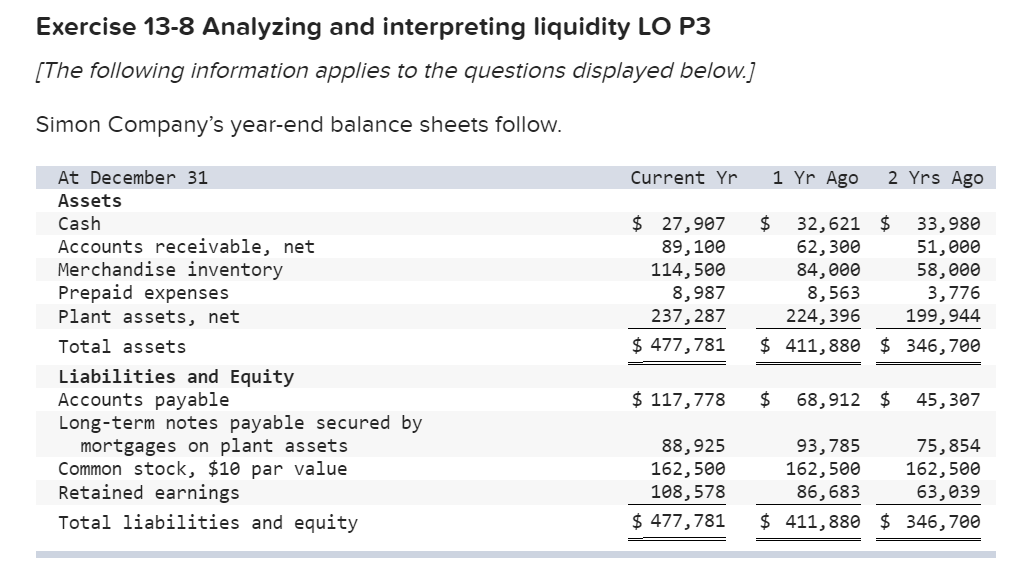 Solved Exercise 13-8 Analyzing and interpreting liquidity LO | Chegg.com