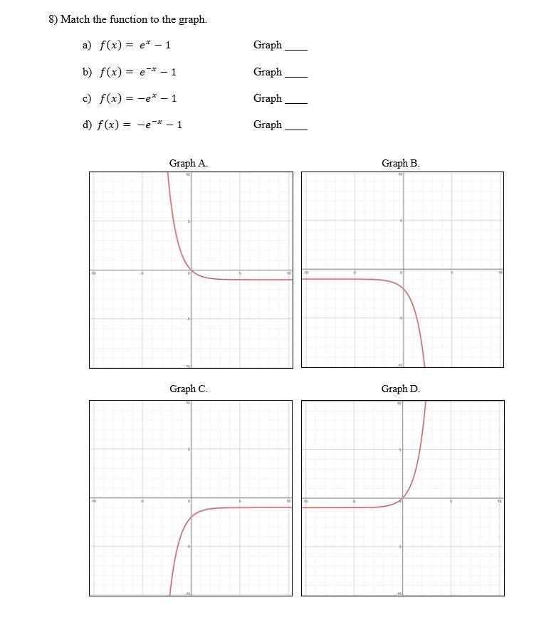 Solved 8) Match the function to the graph. a) f(x) = a* - 1 | Chegg.com