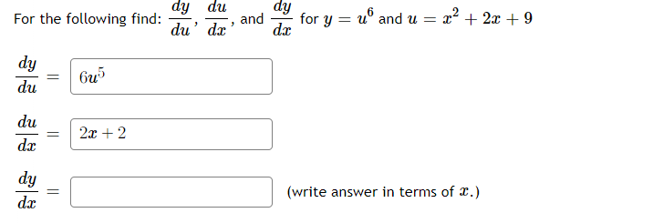 Solved For the following find: dy du du' dr and dy for y = u | Chegg.com